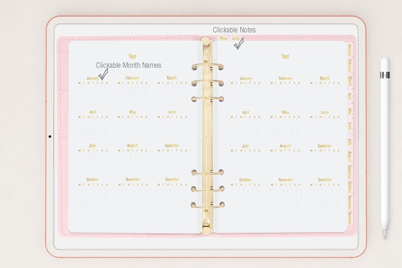 Interactive Undated Digital Planner, Pink Gold Planner, Digital Journal ...