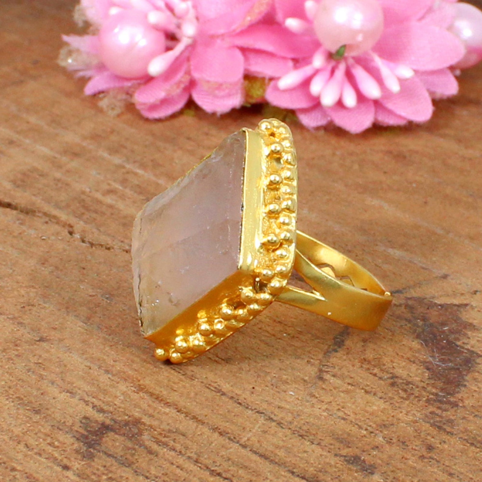 Rose Quartz Ring Rough Gemstone Ring Gold Plated Brass - Etsy