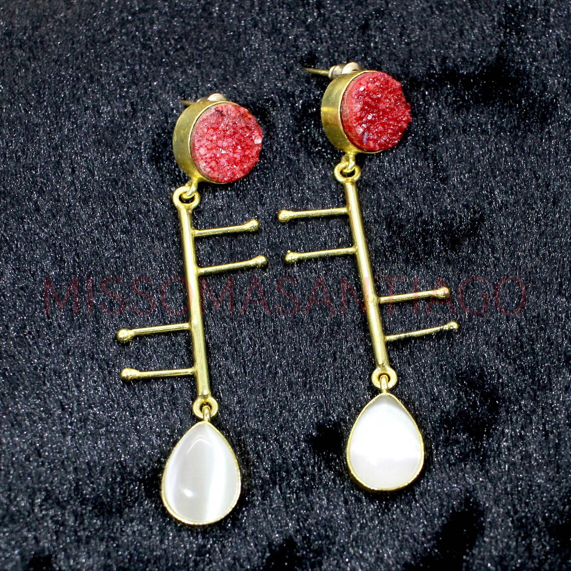 Red Druzy & White Cats Eye Earrings Hanging Earrings Wedding | Etsy