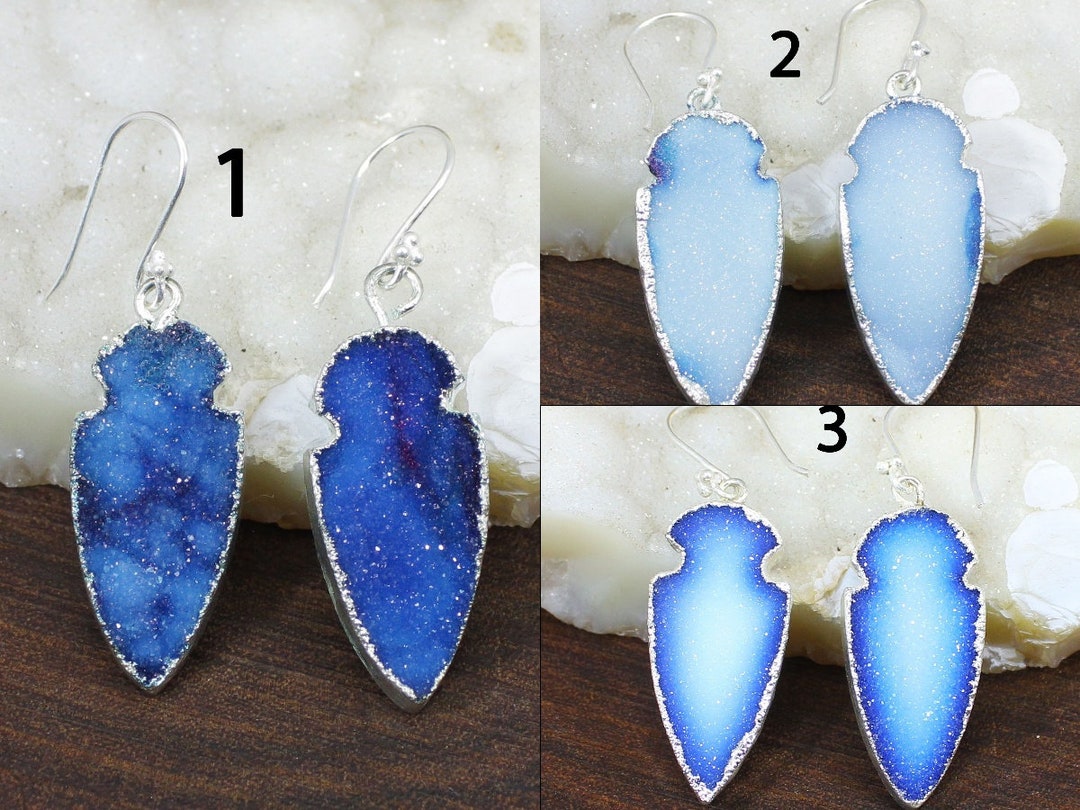 Natural Blue Druzy Earrings Silver Plated Brass Jewelry Electroplated ...