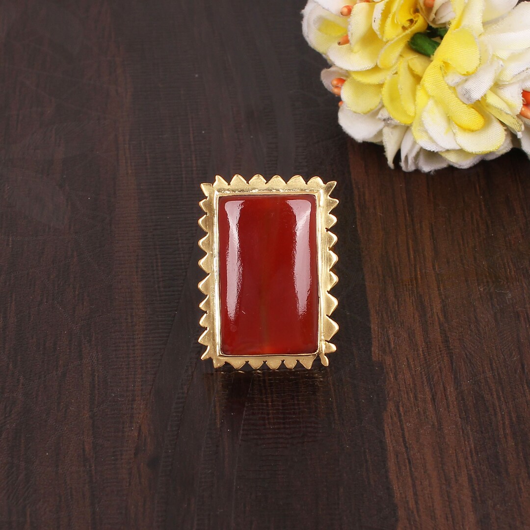Natural Red Sardonyx Gemstone Ring, Brass Ring, Gold Plated Ring ...