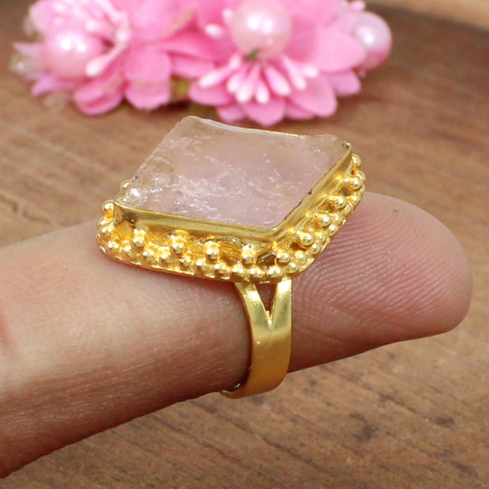 Rose Quartz Ring Rough Gemstone Ring Gold Plated Brass - Etsy