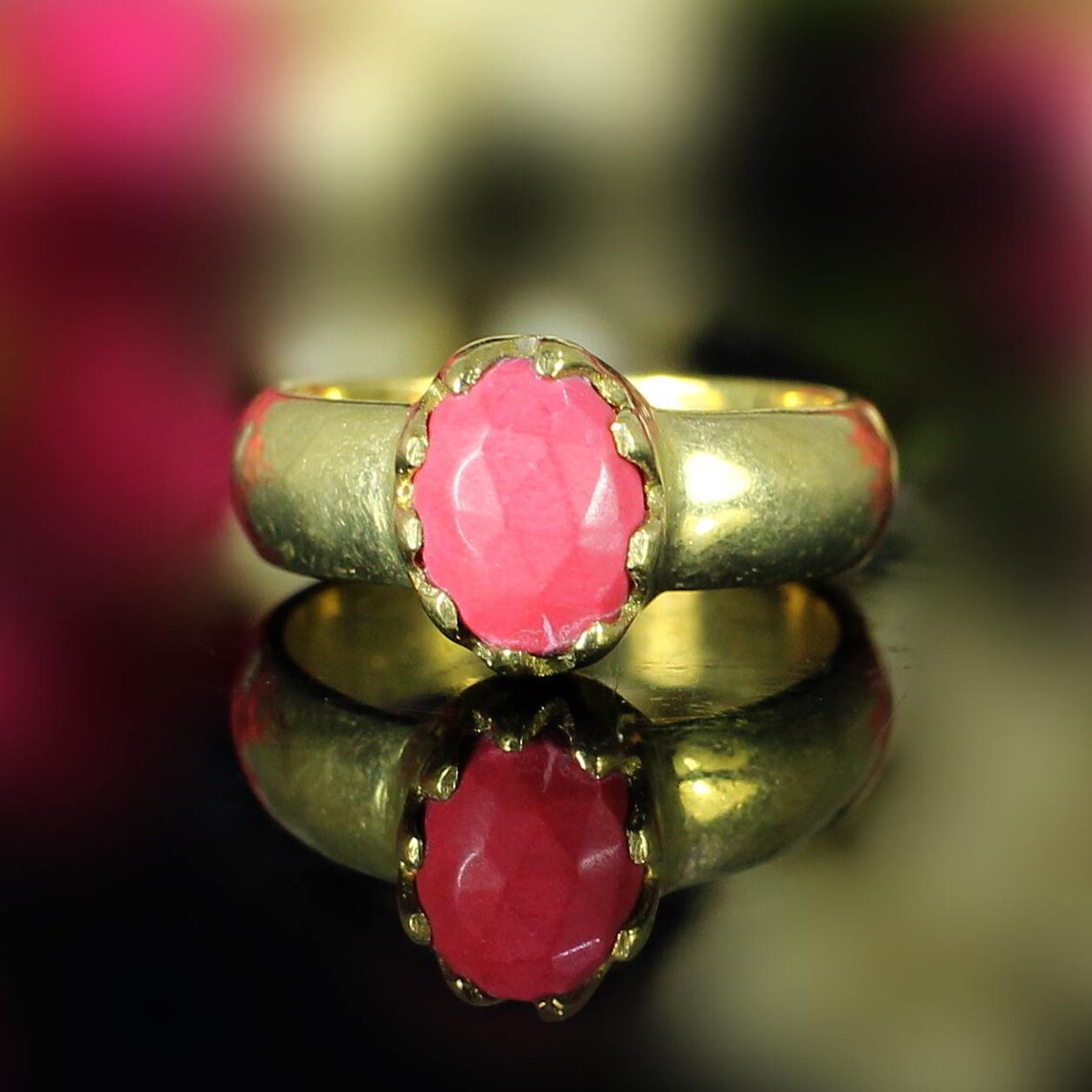 Synthetic Red Coral Ring Gemstone Ring Gold Plated Brass - Etsy