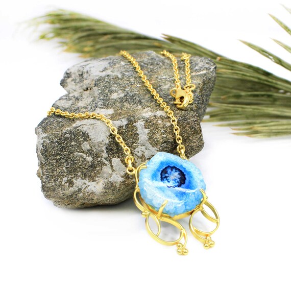 Blue Solar Quartz Necklace Gold Plated Brass Jewelry Unique - Etsy