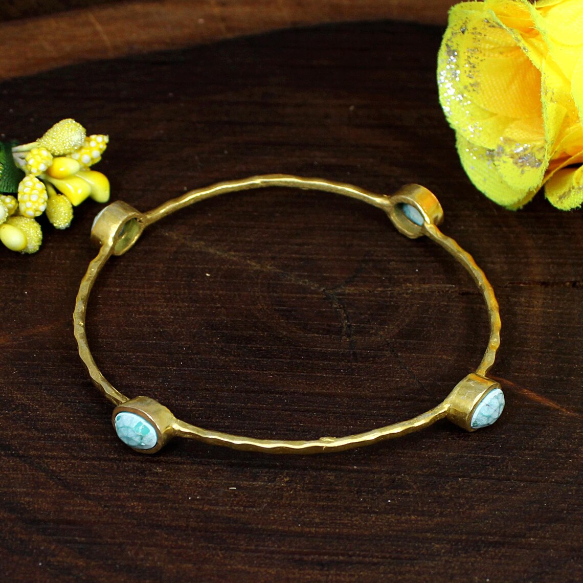 Turquoise Gold Plated Brass Bangle Hammered Bangle | Etsy