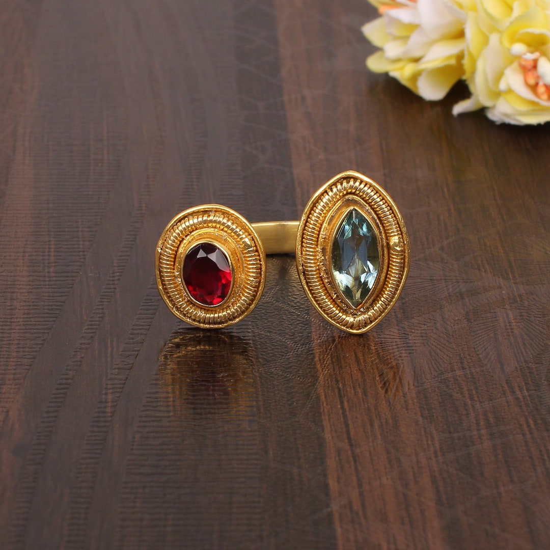 Red Garnet Hydro & Blue Topaz Hydro Ring, Brass Ring, Adjustable Ring ...