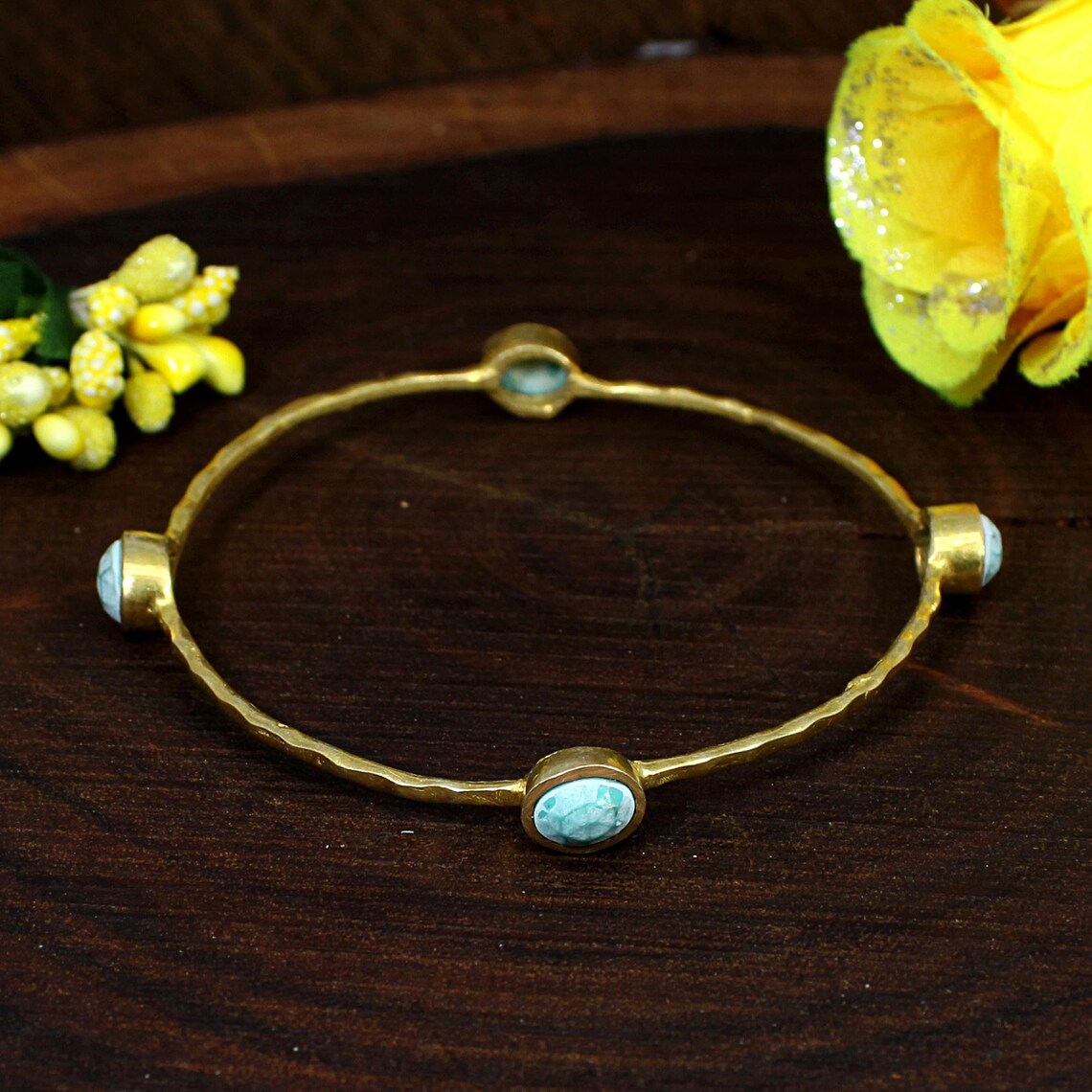 Turquoise Gold Plated Brass Bangle Hammered Bangle | Etsy