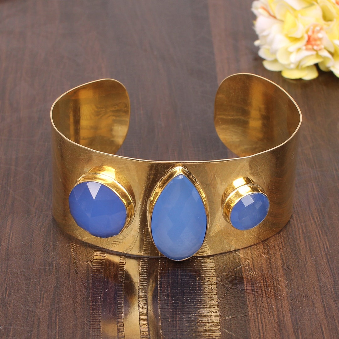 100% Genuine Chalcedony Wide Band Bracelet, Gemstone Bracelet, Blue ...