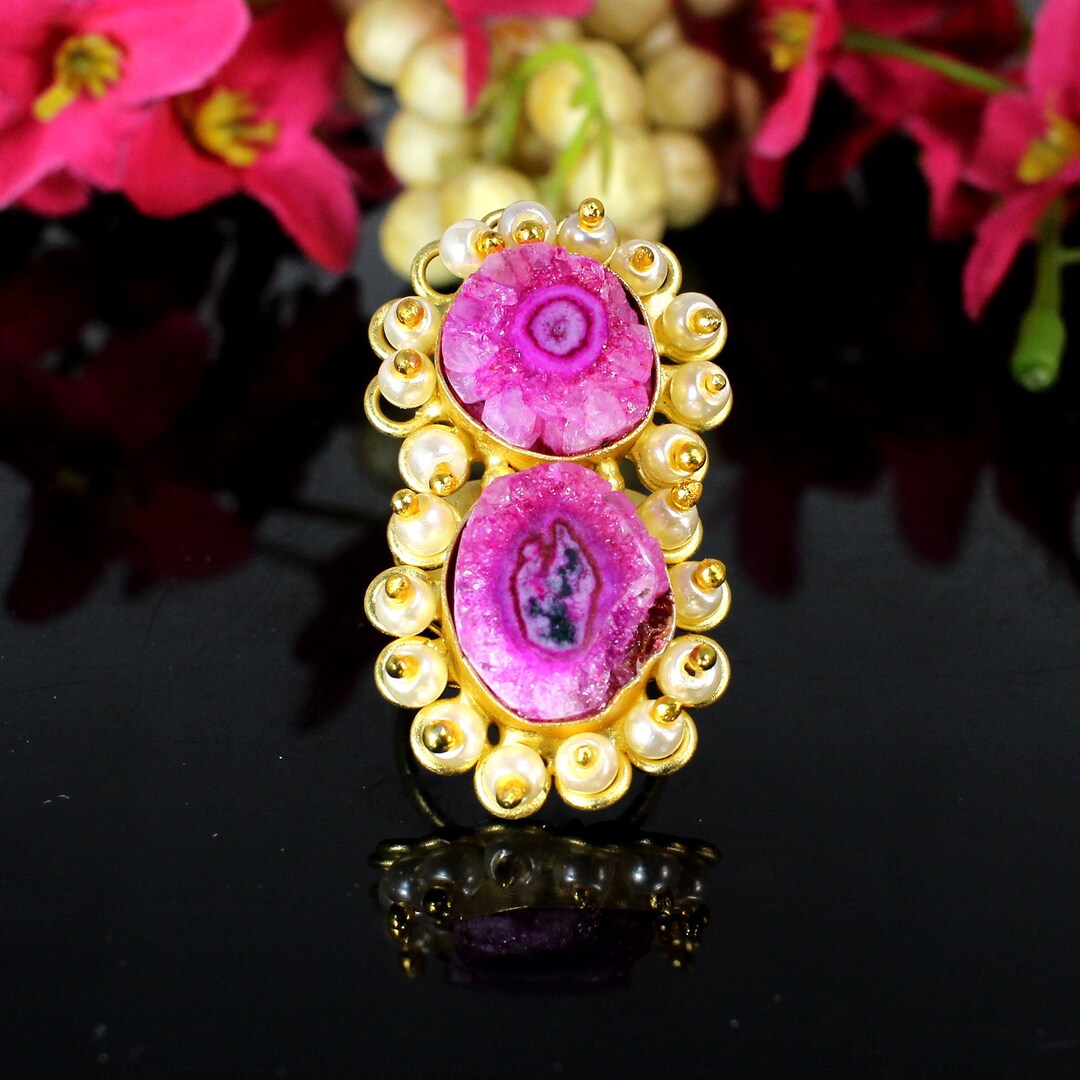Gold Ring Pink Solar Quartz Ring White Pearl Beads Ring - Etsy