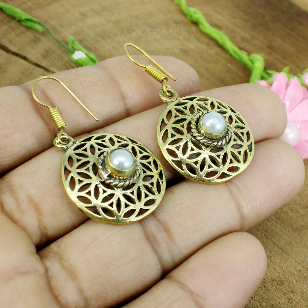 German Silver Earrings, White Pearl Earrings, Handcrafted Earrings ...