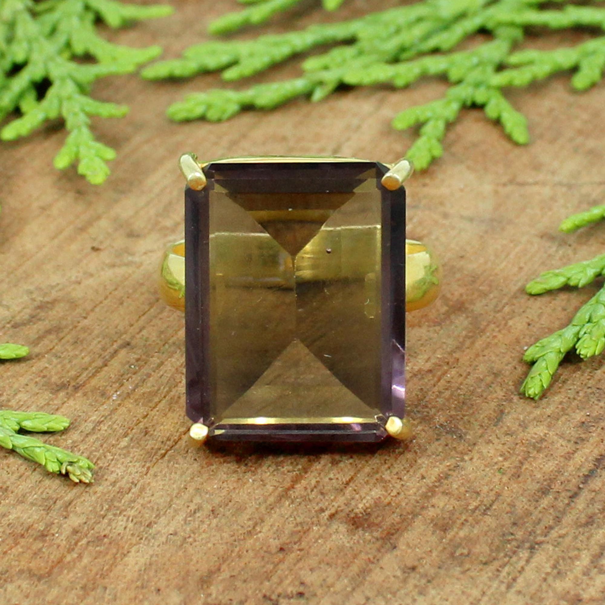 Rectangle Pink Amethyst Gemstone Gold Brass Ring Everyday | Etsy