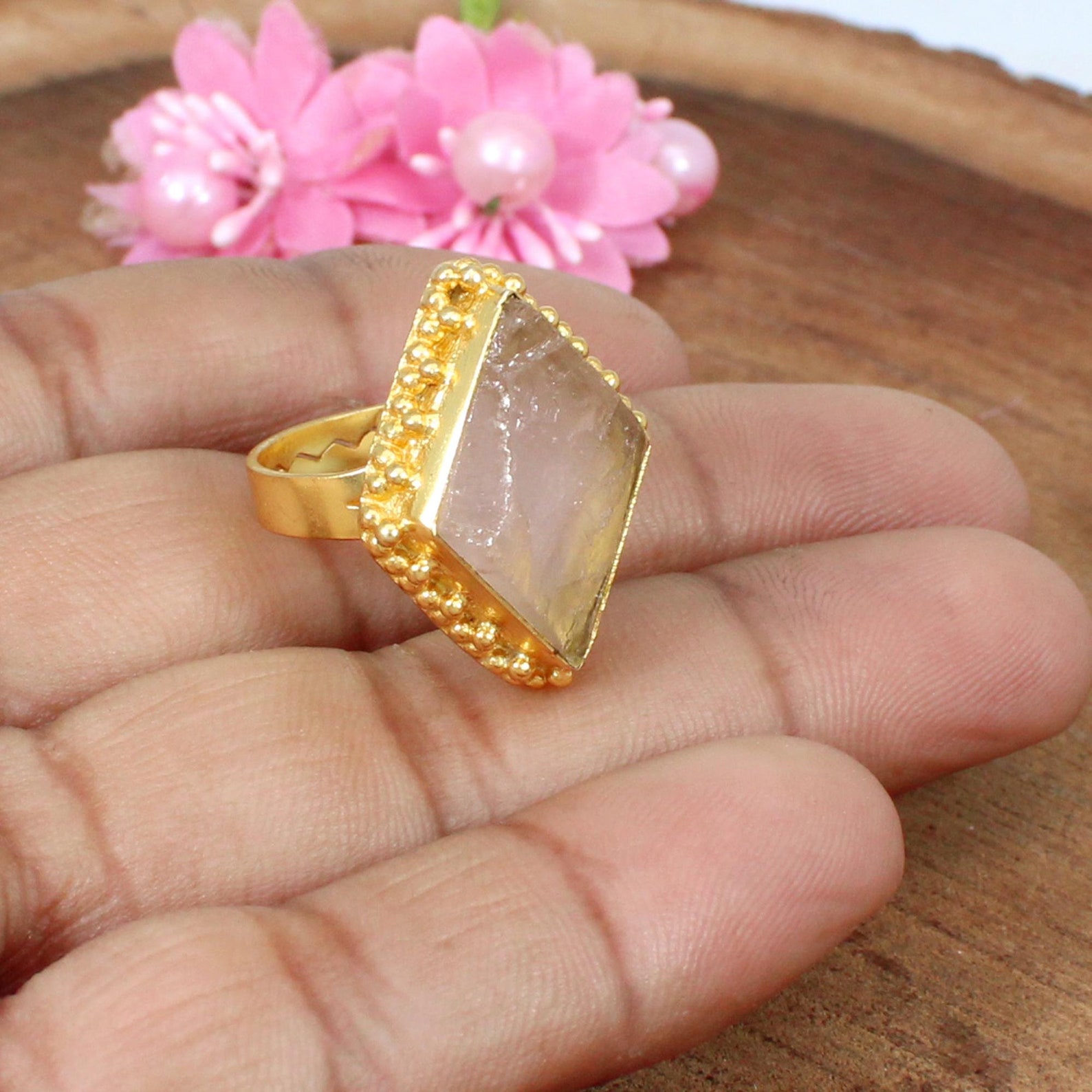 Rose Quartz Ring Rough Gemstone Ring Gold Plated Brass - Etsy