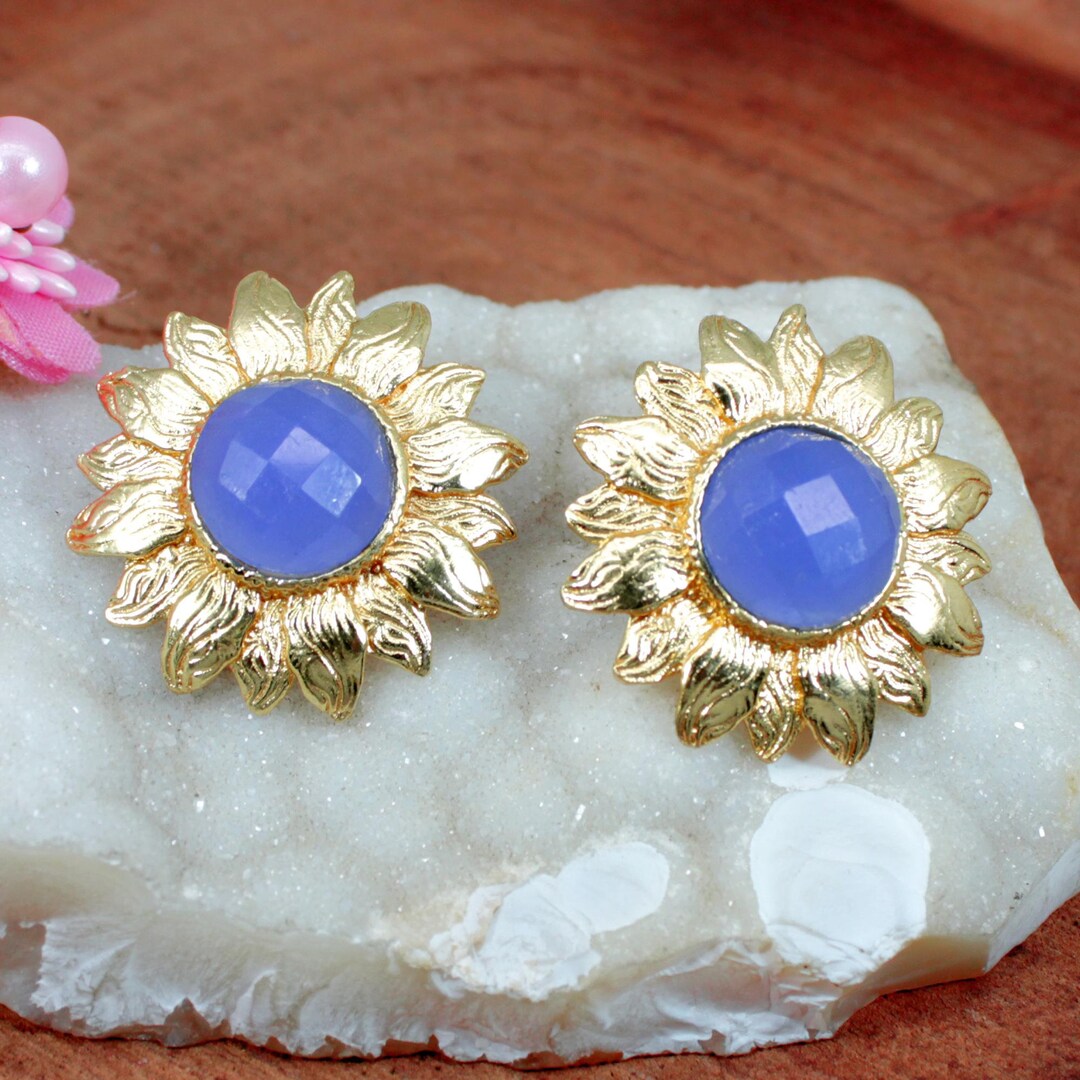 Blue Chalcedony Gemstone Studs, Sunflower Studs, Unique Studs, Women ...