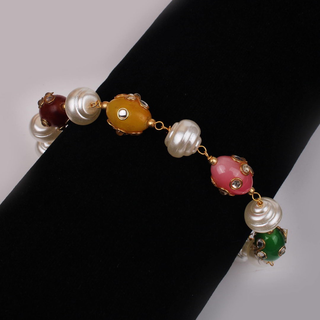 Chinese Gemstone Bracelet, Gold Plated Brass, Handmade Colorful Women ...