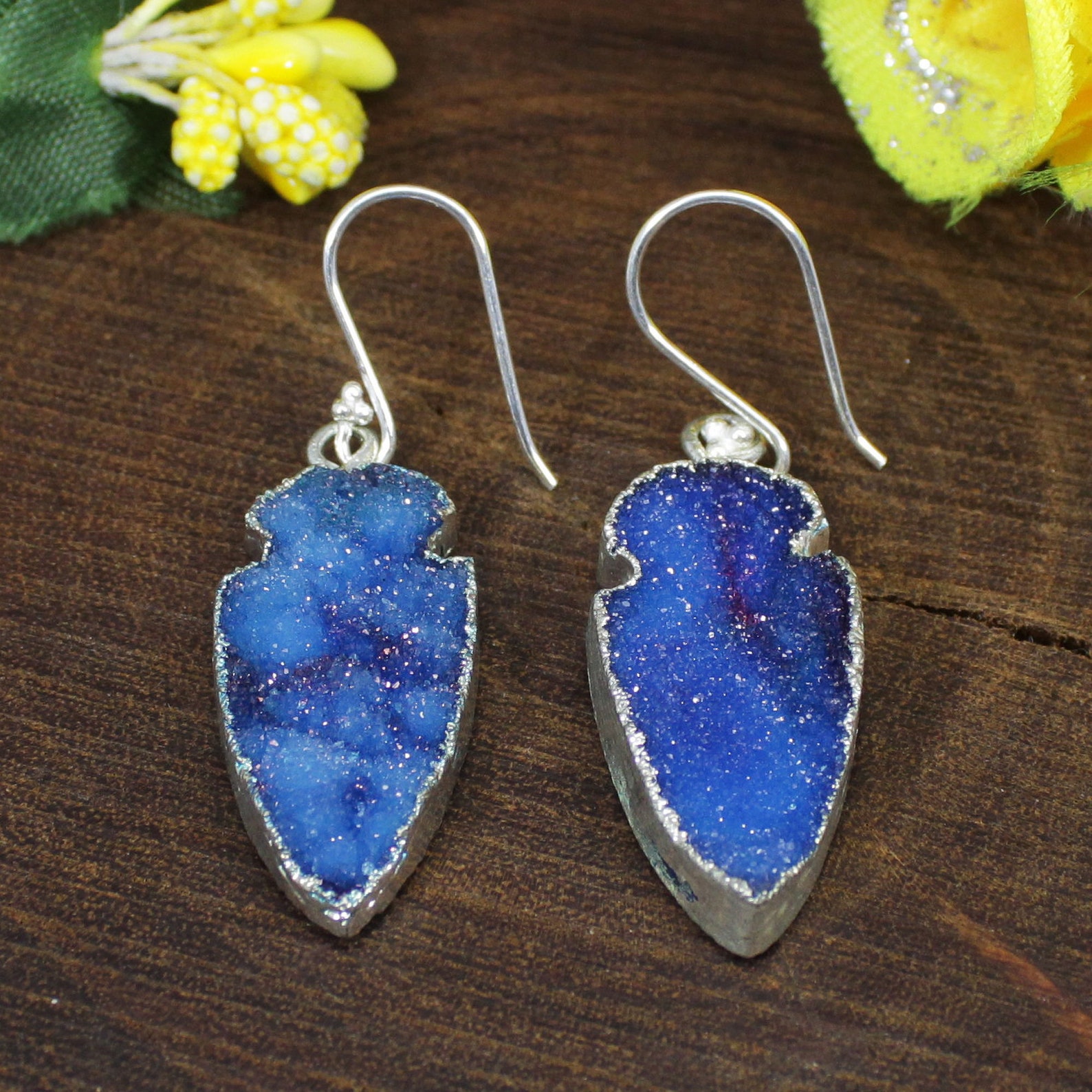 Natural Blue Druzy Earrings Silver Plated Brass Jewelry | Etsy