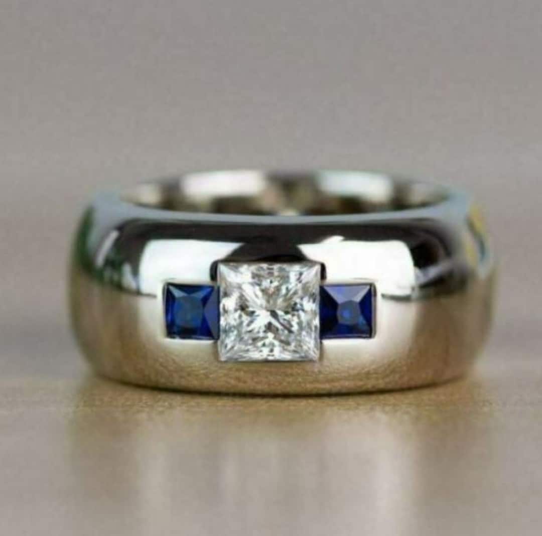Men's Dome Shape Wedding Band, 14K White Gold Plated, 1.6 Ct Princess ...