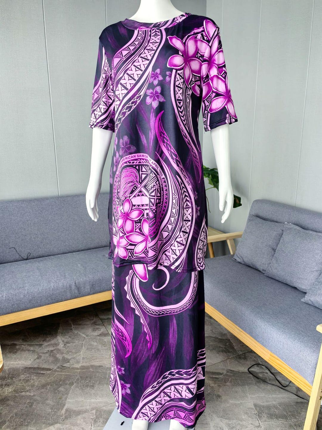 Ladies Island Style Puletasi Purple Plus Size Two-piece Dress Tribal ...