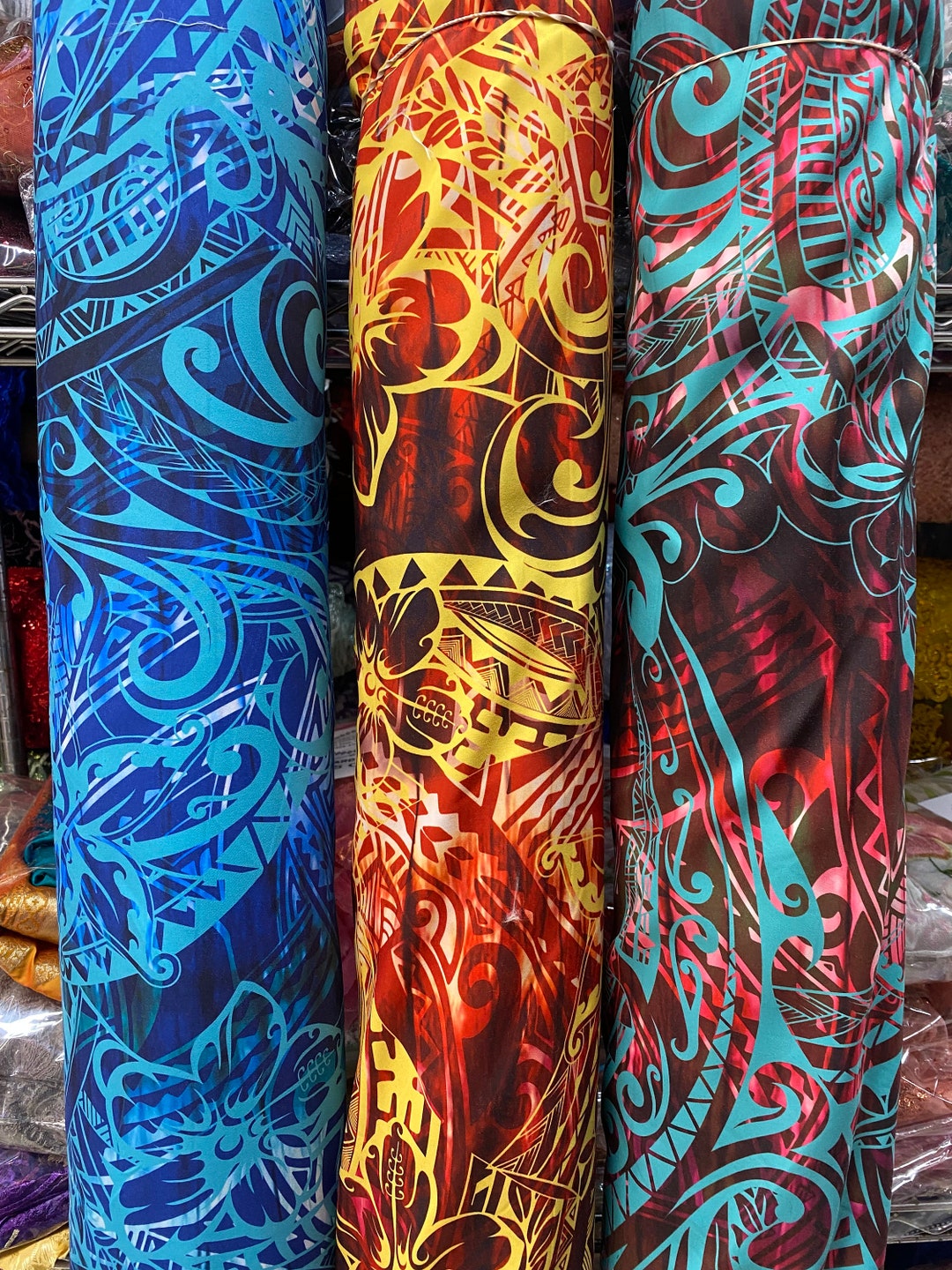 New Tropical Floral and Tribal Polynesian Fabric - Peach Skin Fabric ...