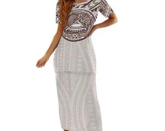 Ladies Island Style Puletasi White Plus Size Two-piece Dress – White on White Tribal Design for ...