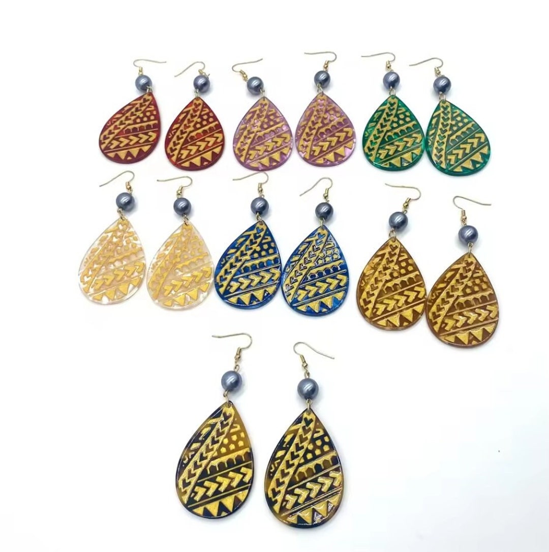 Polynesian Island Tribal Earring Set - Resin Embossed With Pearl ...