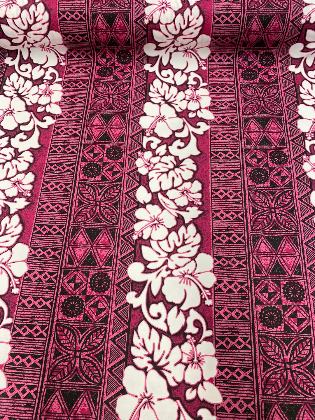 New! Polynesian Fabric, Hibiscus Print With Tribal Tattoo Design ...