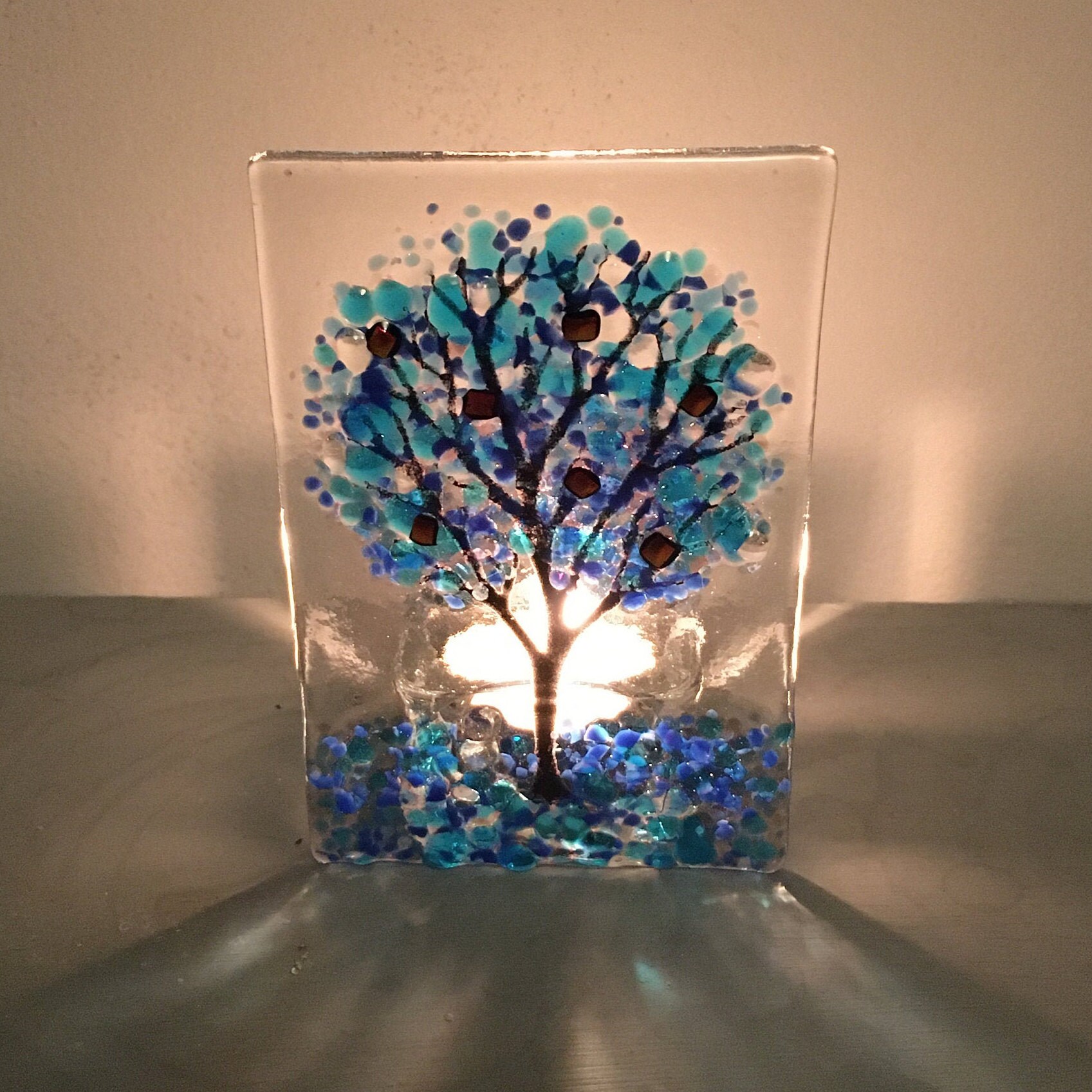 Blue Tree Tealight Holder Fused Glass | Etsy