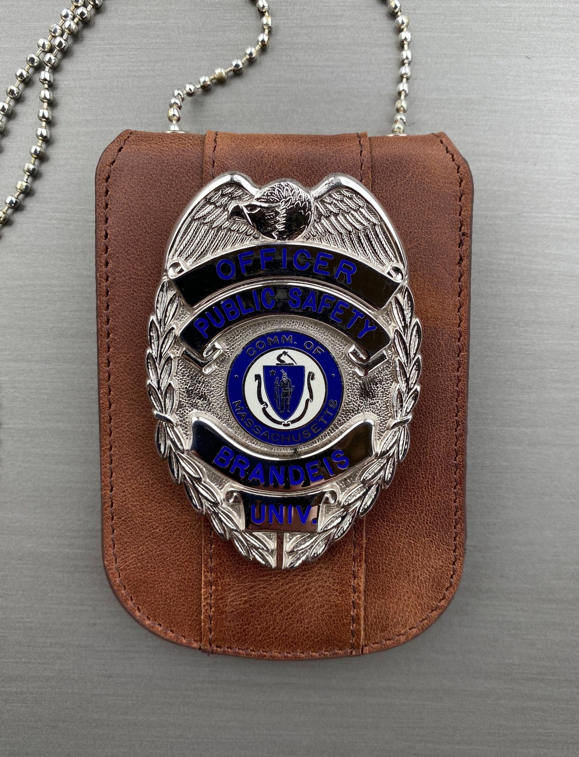 Saddle Brown Full Grain Leather Neck Chain Police Badge and ID Holder ...