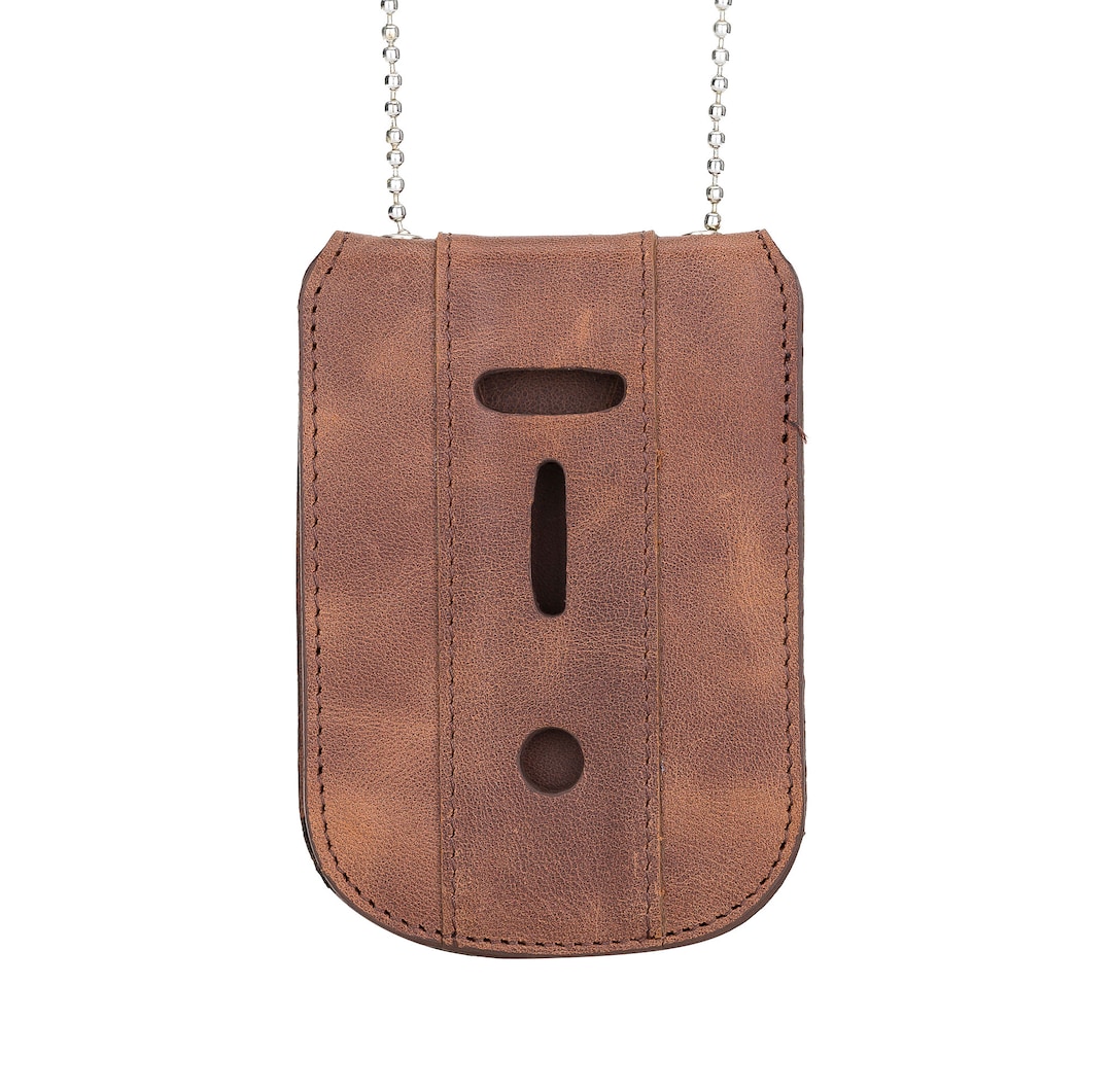 Saddle Brown Full Grain Leather Neck Chain Police Badge and ID Holder ...