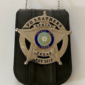 Black Full Grain Leather Neck Chain Police Badge and ID Holder With ...