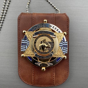Saddle Brown Full Grain Leather Neck Chain Police Badge and ID Holder ...