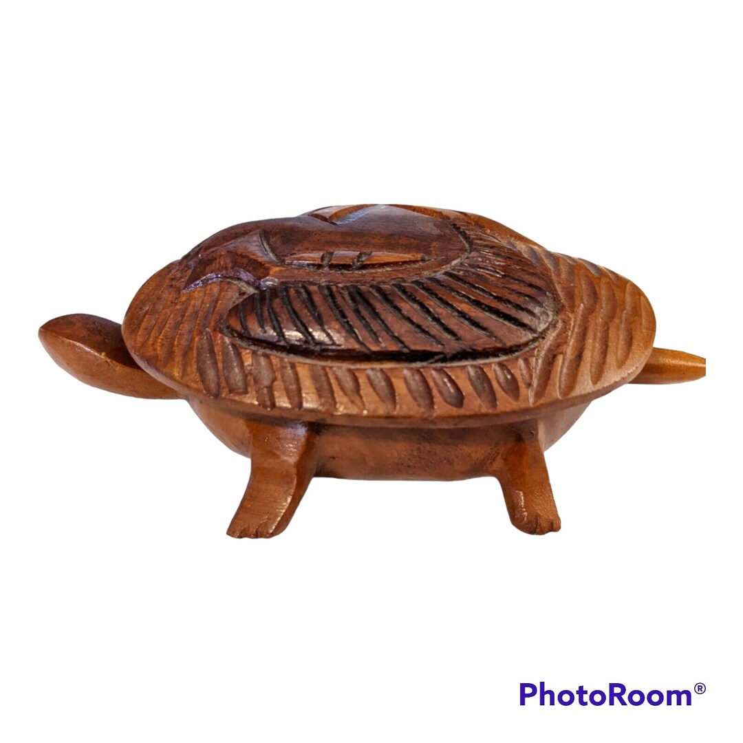 Vintage Hand Carved Wooden Turtle Trinket Ring Box Folk Art With Lid ...