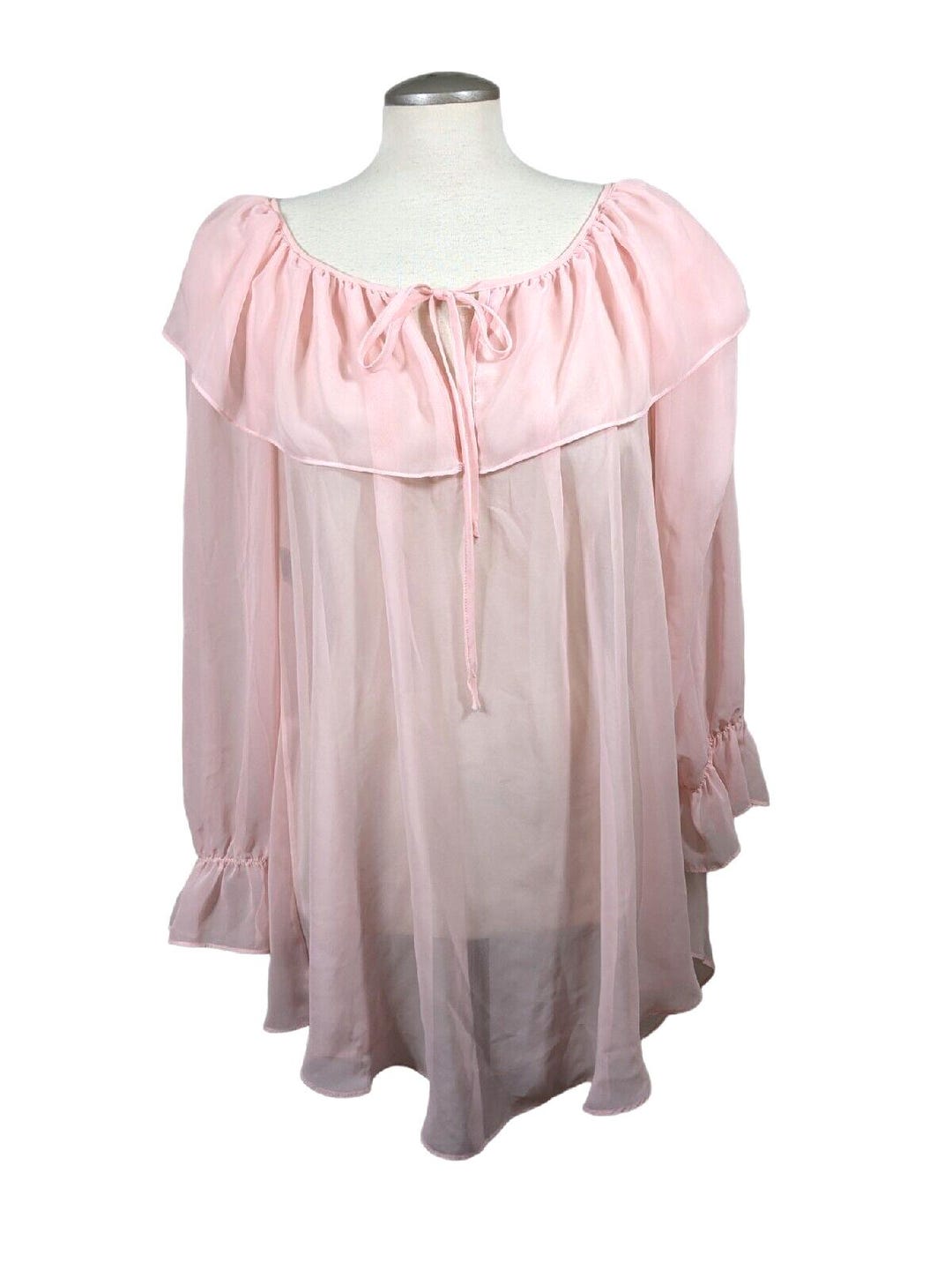 Vintage Negligee Womens S Sheer Pink Babydoll Lingerie Coquette Ruffle ...