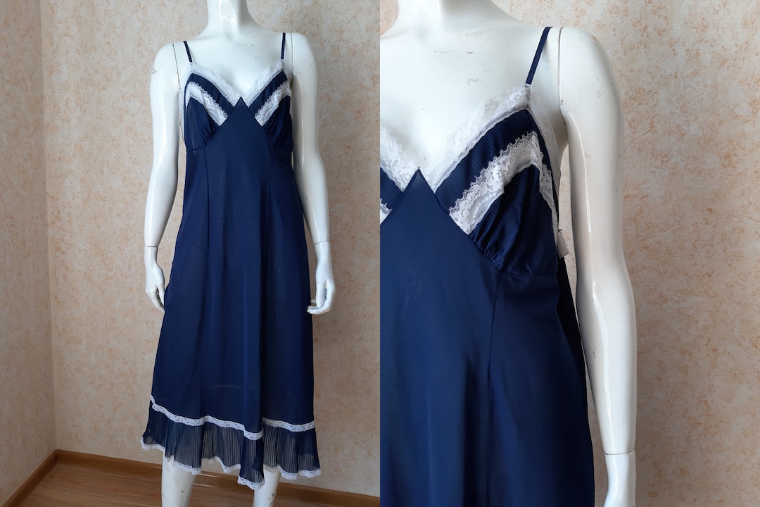 Vintage Blue Perlon Womens Nightdress Long Ladies Strappy Nightie ...