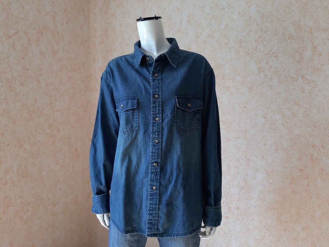 Vintage Shirt, Jeans Shirt, Dark Denim, Long Sleeves, Western Cowboy ...