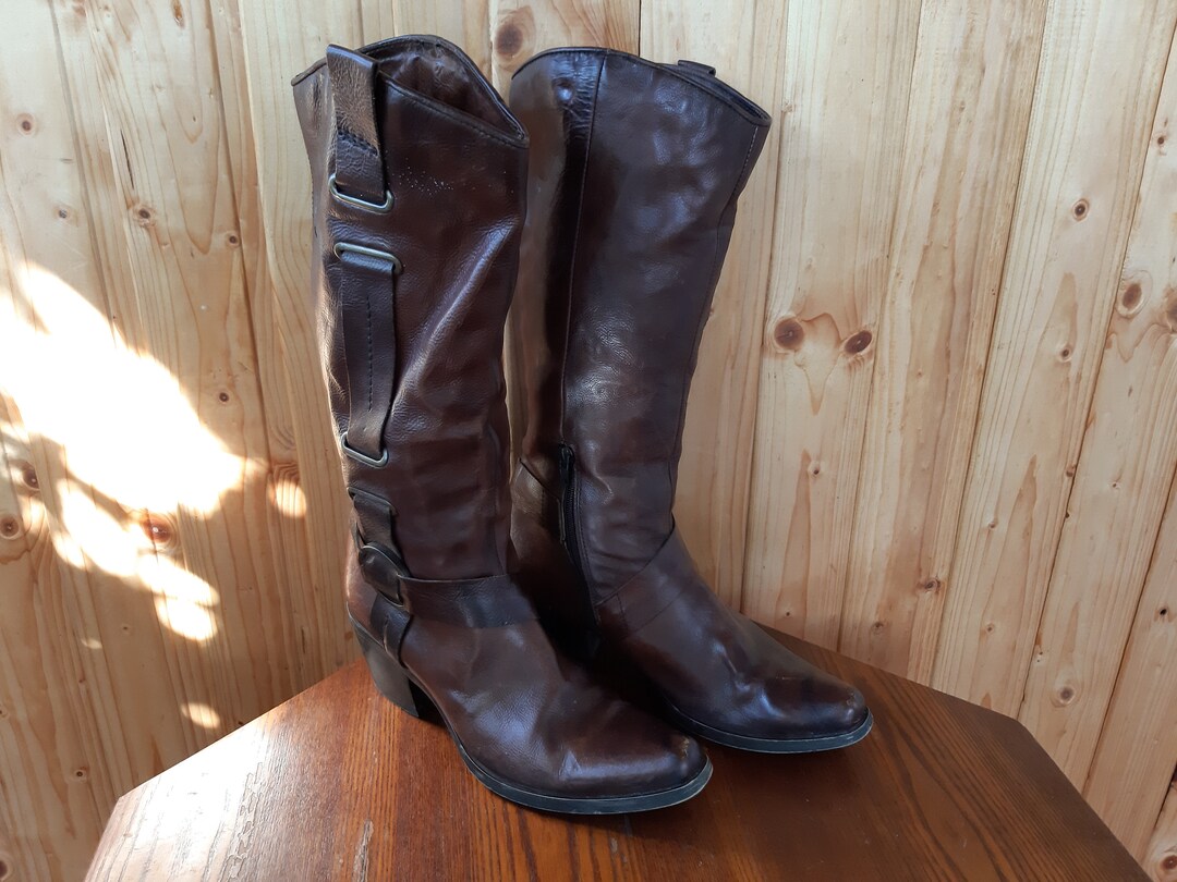 Vintage High Boots Brown Leather Boots Heeled Boots Cowboy Style ...