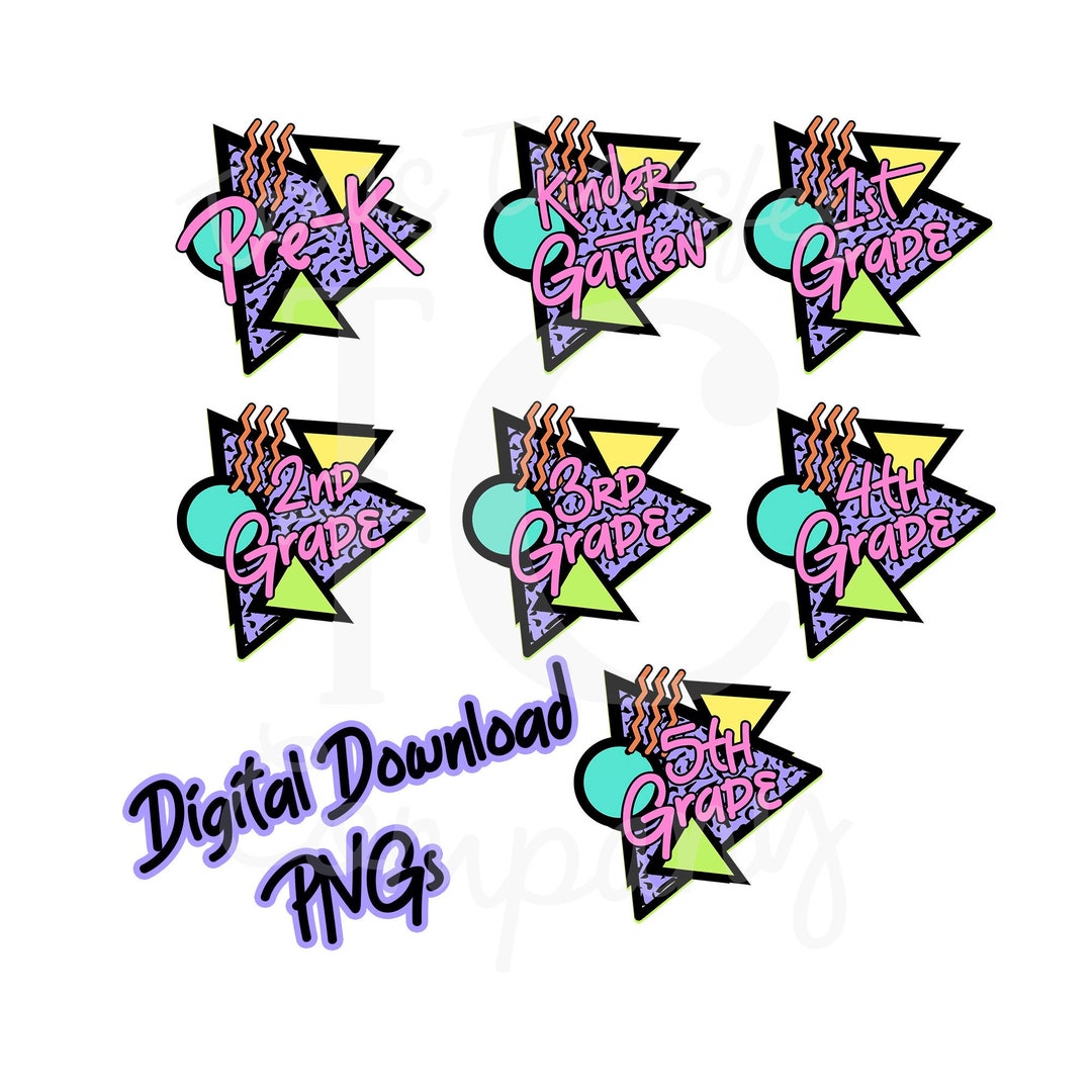 90's Theme Back to School PNG Digital Pack, Neon Grade Level ...