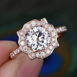 Vintage Round Moissanite Engagement Ring 14k Solid Rose Gold - Etsy