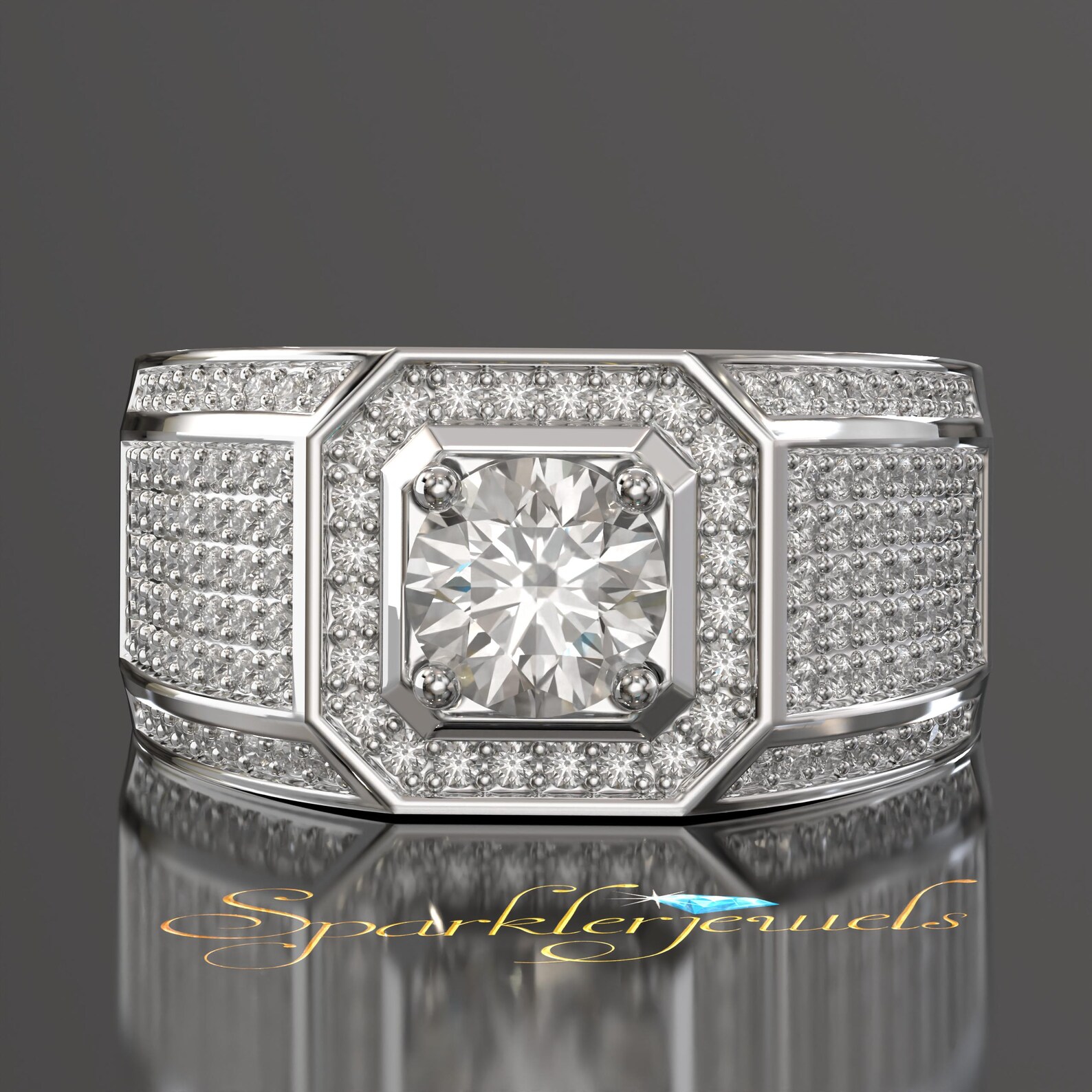 Round Cut Moissanite Men's Ring, Solid Gold Ring for Men, Certified Lab ...