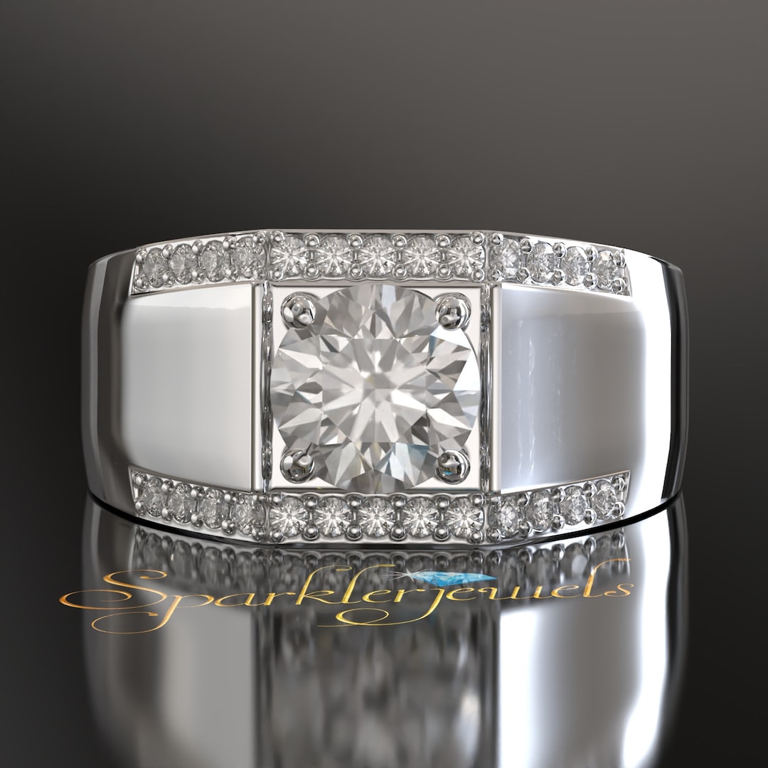 Round Moissanite Men's Ring, Solid Gold Ring for Men, Certified Lab ...