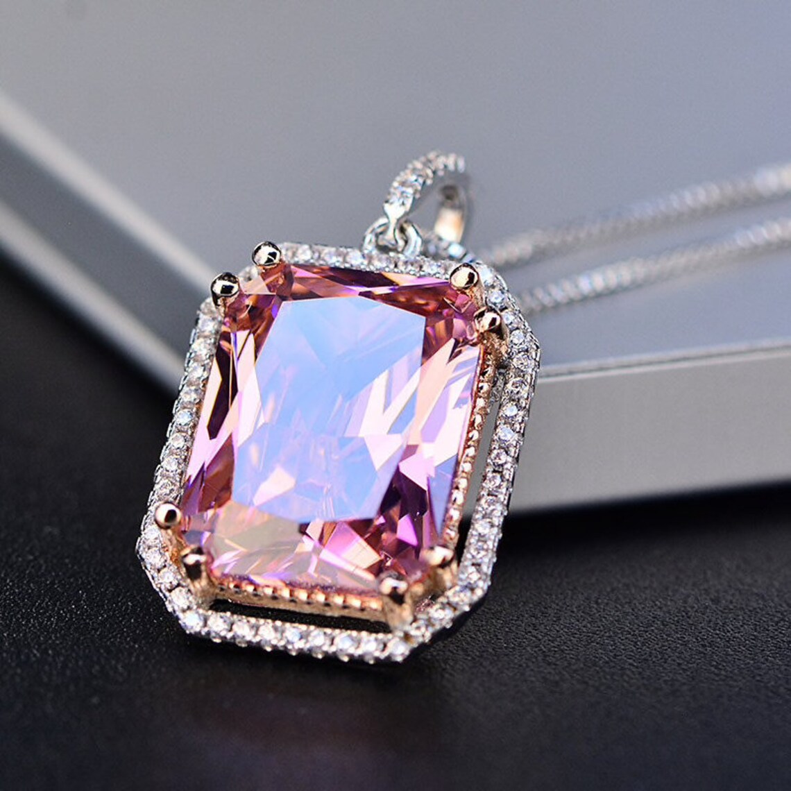 Pink Stone Pendant 14k Solid White Gold Pendant Pink Topaz - Etsy