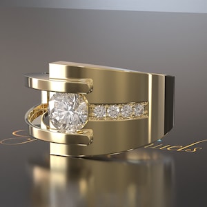 Round Cut Moissanite Men's Ring, Solid Gold Ring for Men, Men's Lab ...