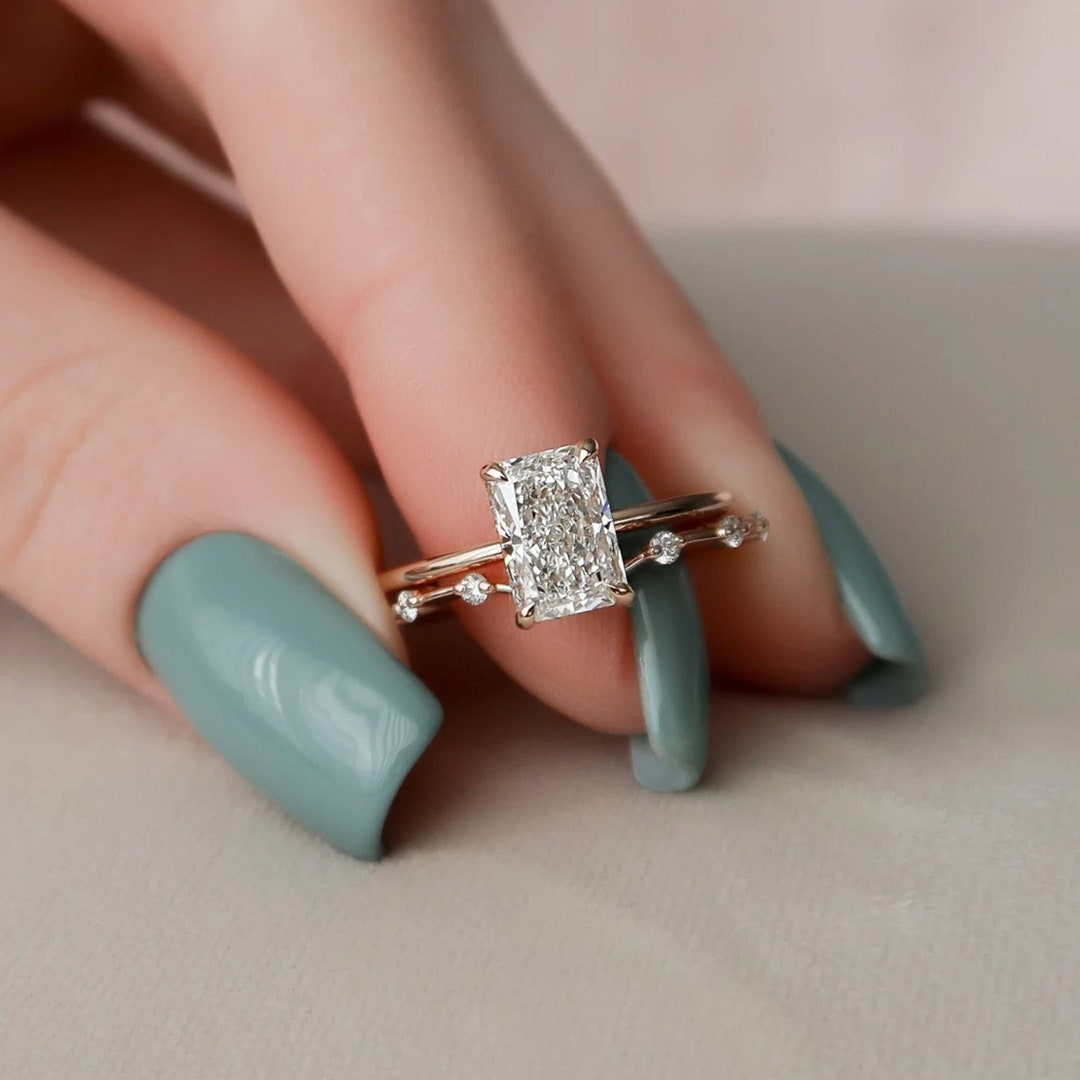 Radiant Cut Moissanite Engagement Ring With Matching Band, 14k/18k ...