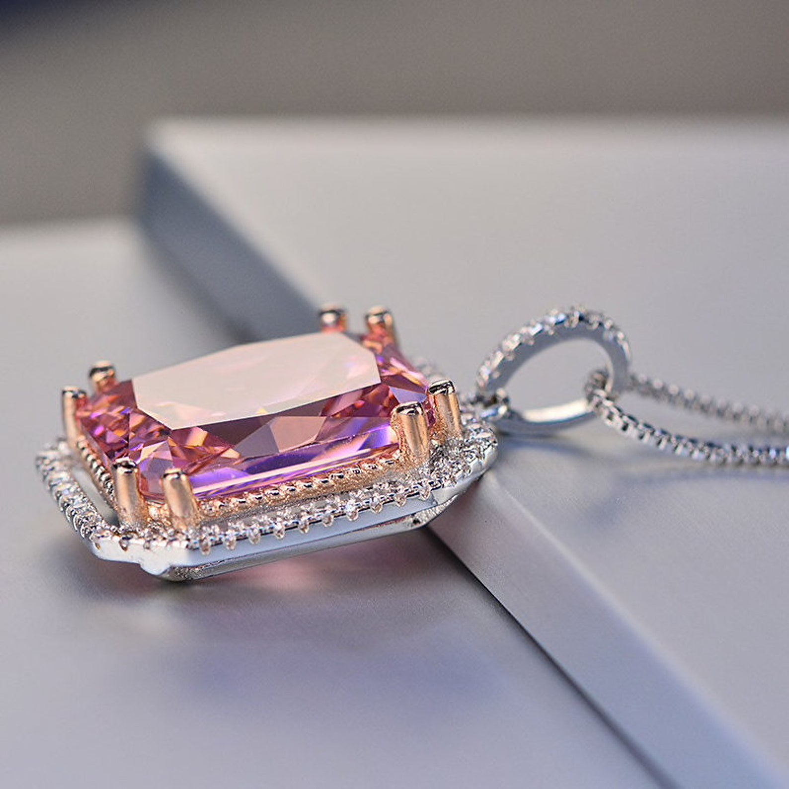 Pink Stone Pendant 14k Solid White Gold Pendant Pink Topaz - Etsy