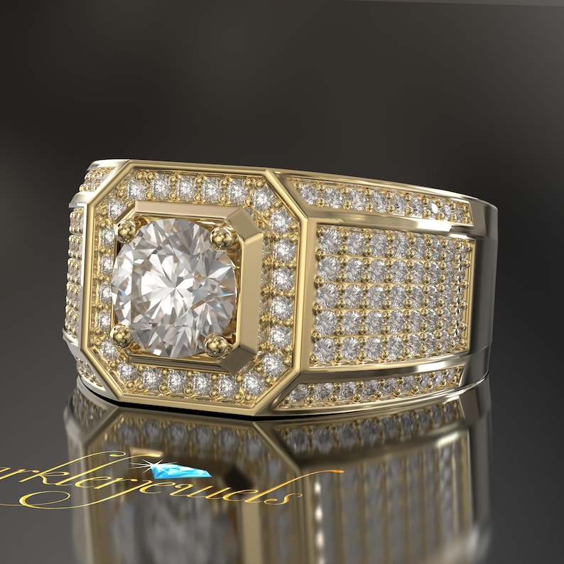 Round Cut Moissanite Men's Ring, Solid Gold Ring for Men, Certified Lab ...