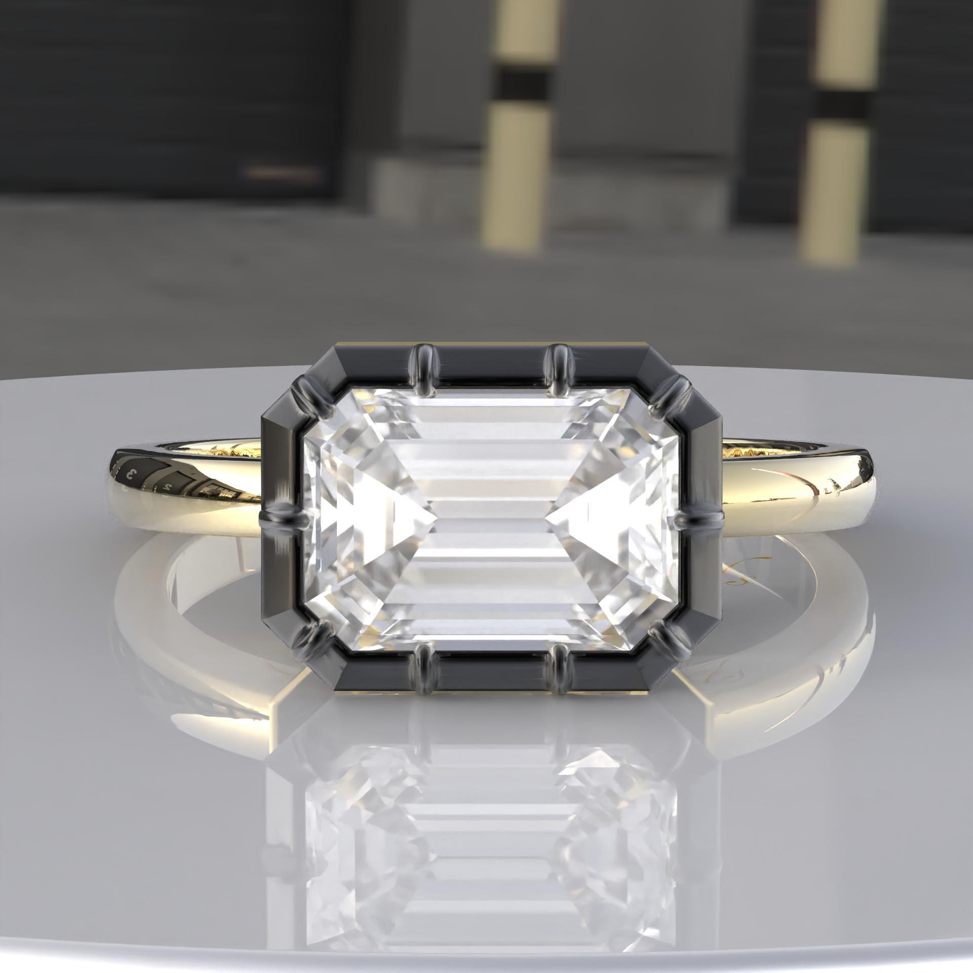 Georgian Cut Down Emerald Cut Lab Grown Diamond Engagement Ring, Button ...