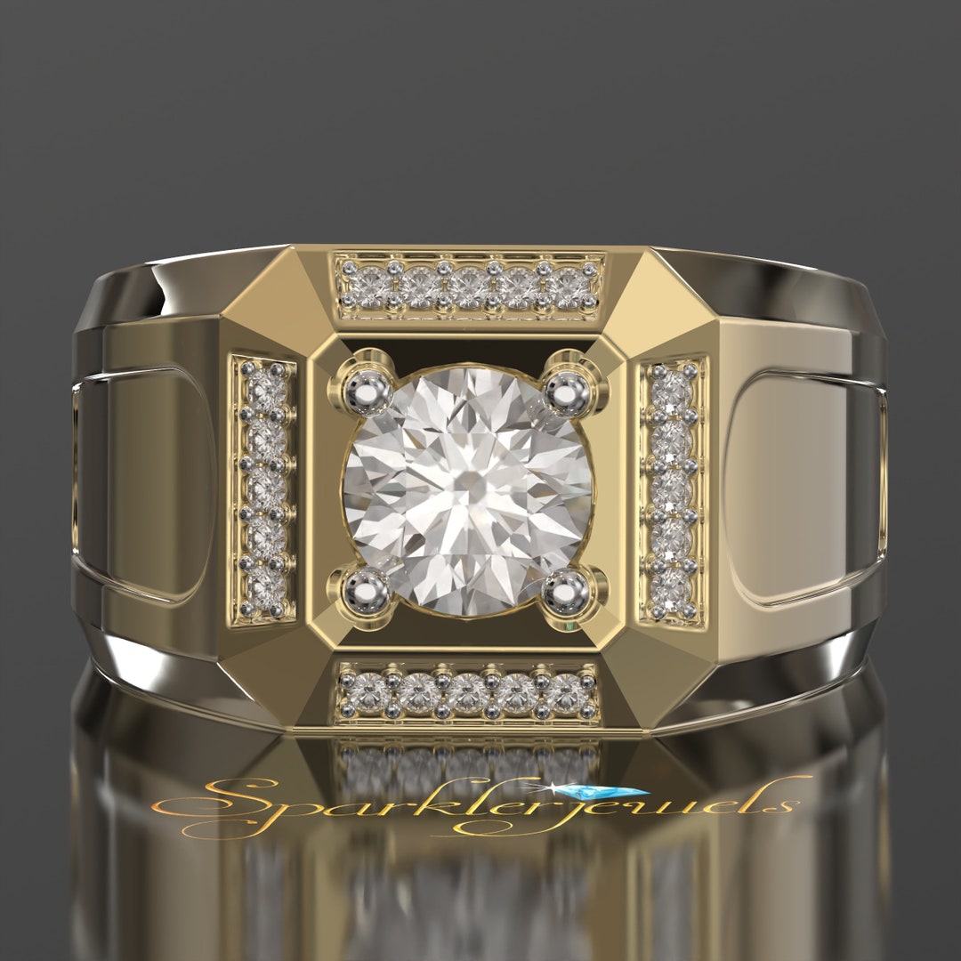 Round Moissanite Men's Ring, Solid Gold Ring for Men, Round Lab Grown ...