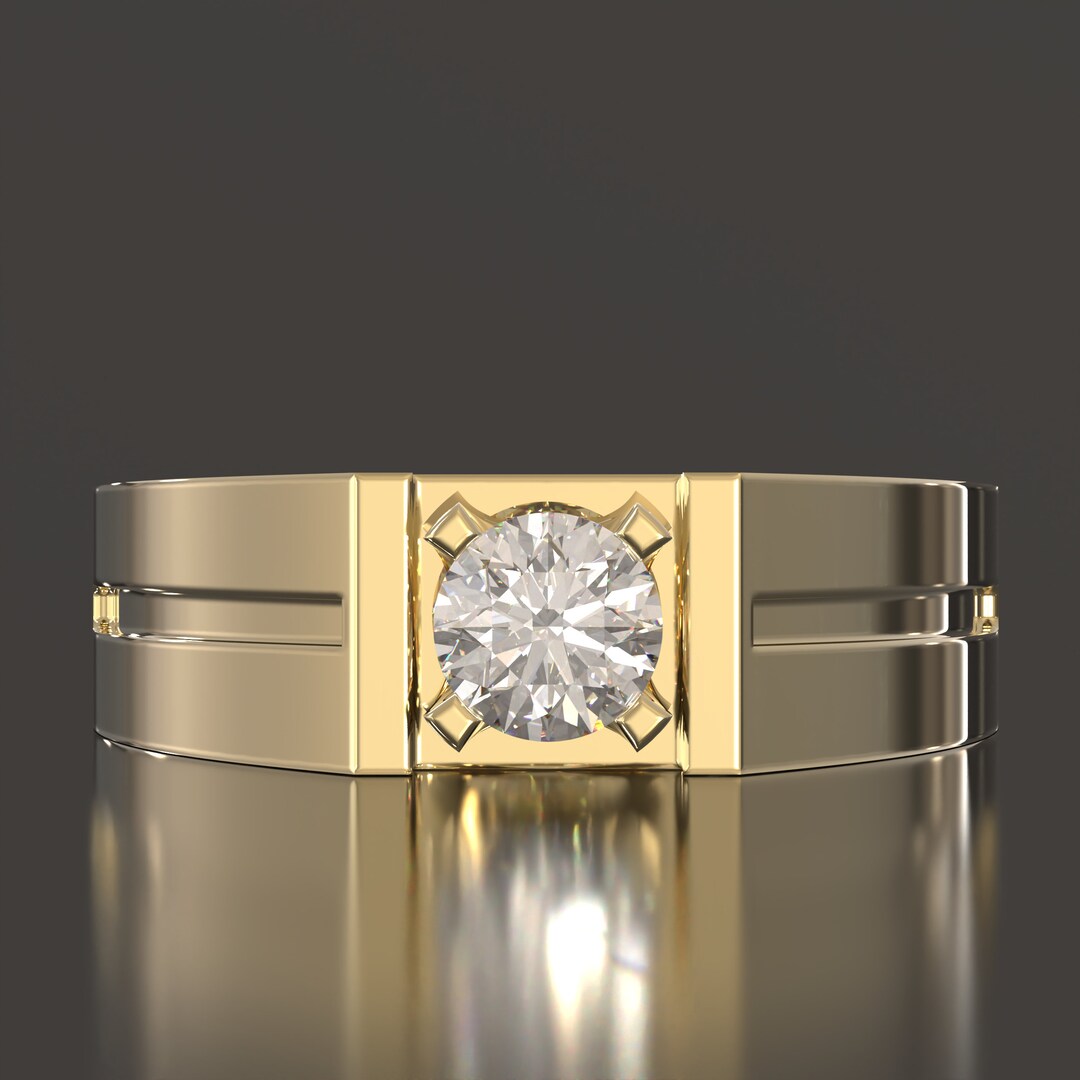 Round Moissanite Men's Ring, Solid Gold Ring for Men, Round Lab Grown ...