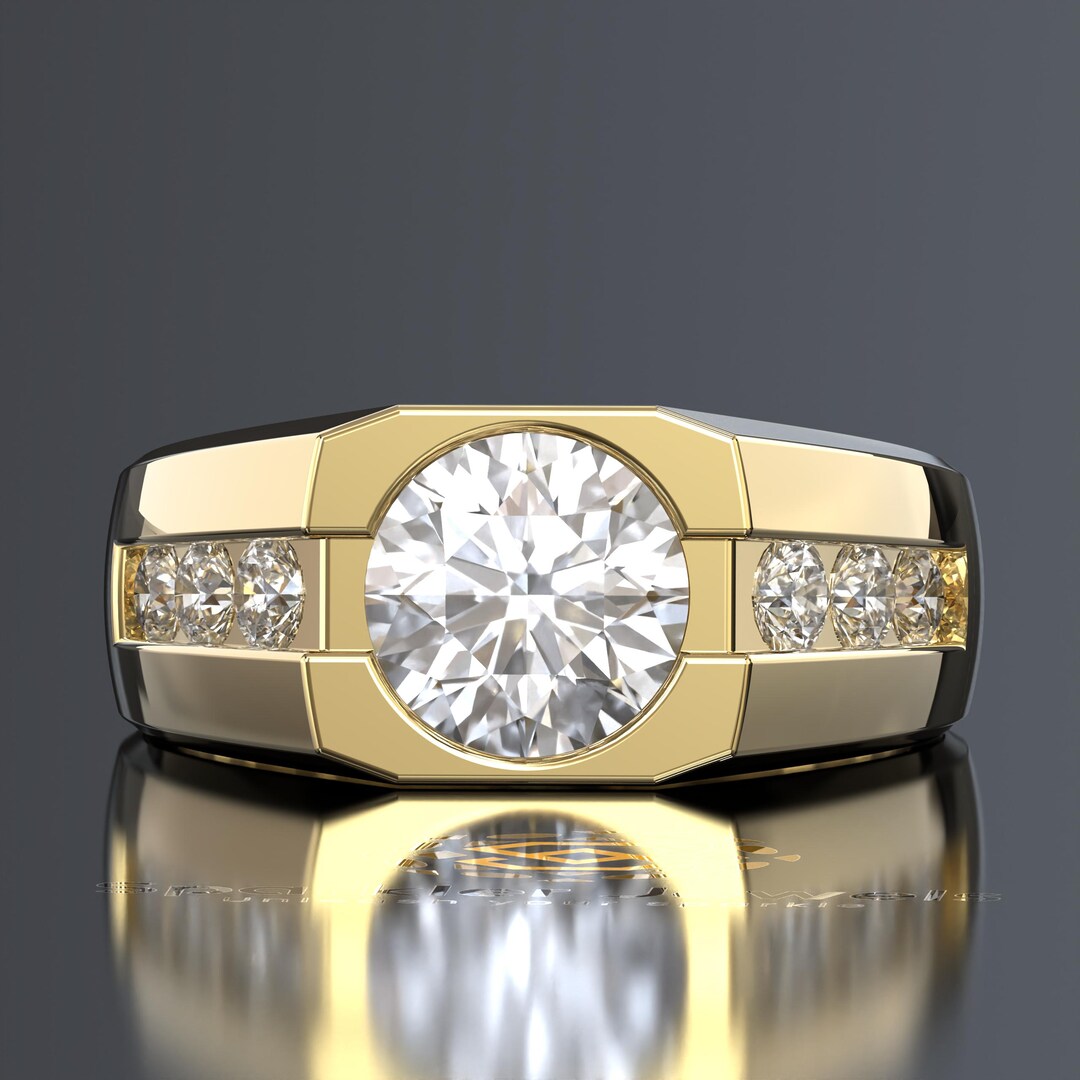 Round Moissanite Men's Ring, IGI Certified Round Brilliant Lab Grown ...