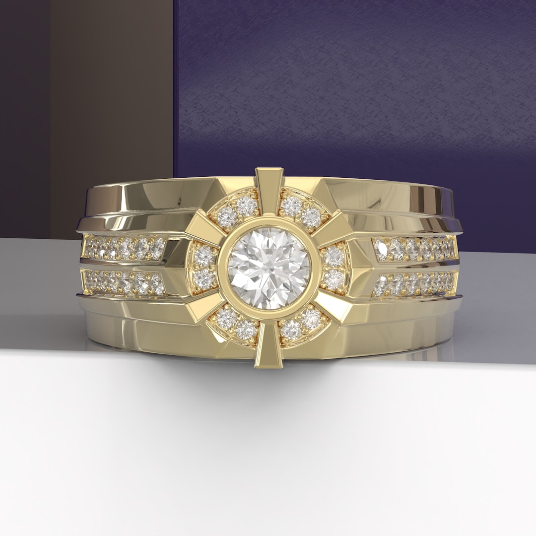 Round Moissanite Men's Ring, Solid Gold Ring for Men, Certified Round ...