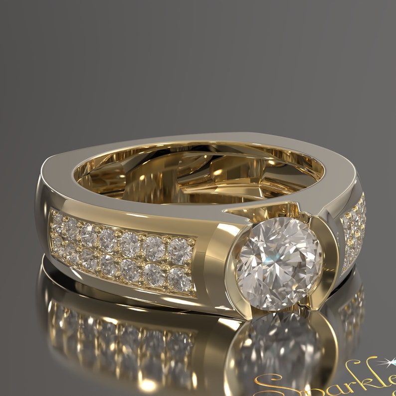 Round Moissanite Men's Ring, Solid Gold Ring for Men, Certified Round ...